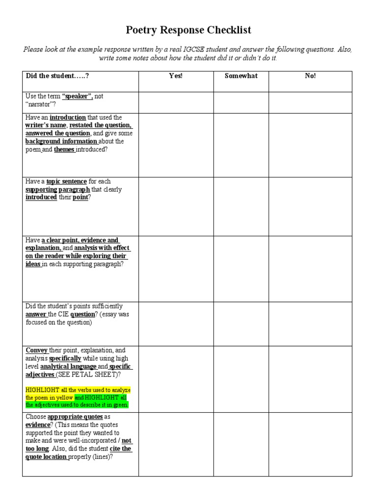 Poetry Response Evaluation Checklist | PDF