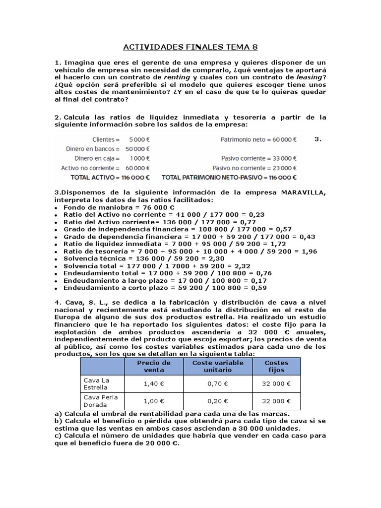 Actividades Finales Tema 8 | PDF | Rentabilidad sobre recursos propios | Compartir (Finanzas)