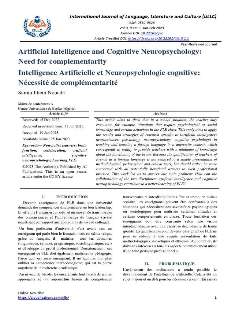 Artificial Intelligence and Cognitive Neuropsychology: Need For ...