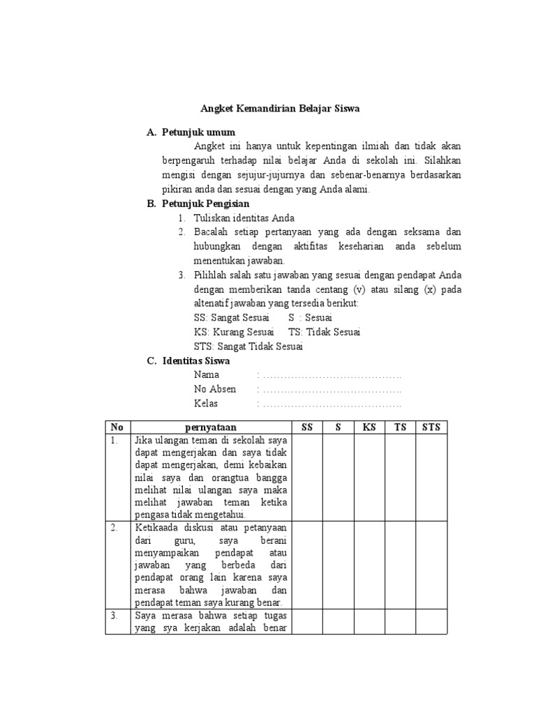 Instrumen Angket Kemandirian Belajar Siswa | PDF