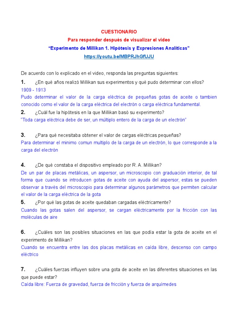 Experimento de Millikan: Hipótesis y Fuerzas | PDF | Fuerza | Electrón