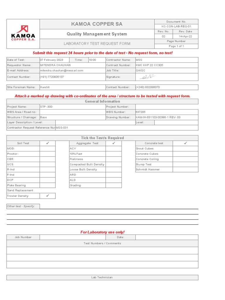 Laboratory Test Request Form - Kamoa Copper | PDF | Physical Sciences ...