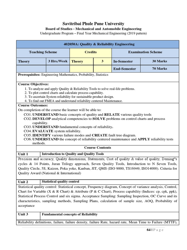 402050A - Quality & Reliability Engg-sYLLABUS | PDF | Reliability Engineering | Evaluation