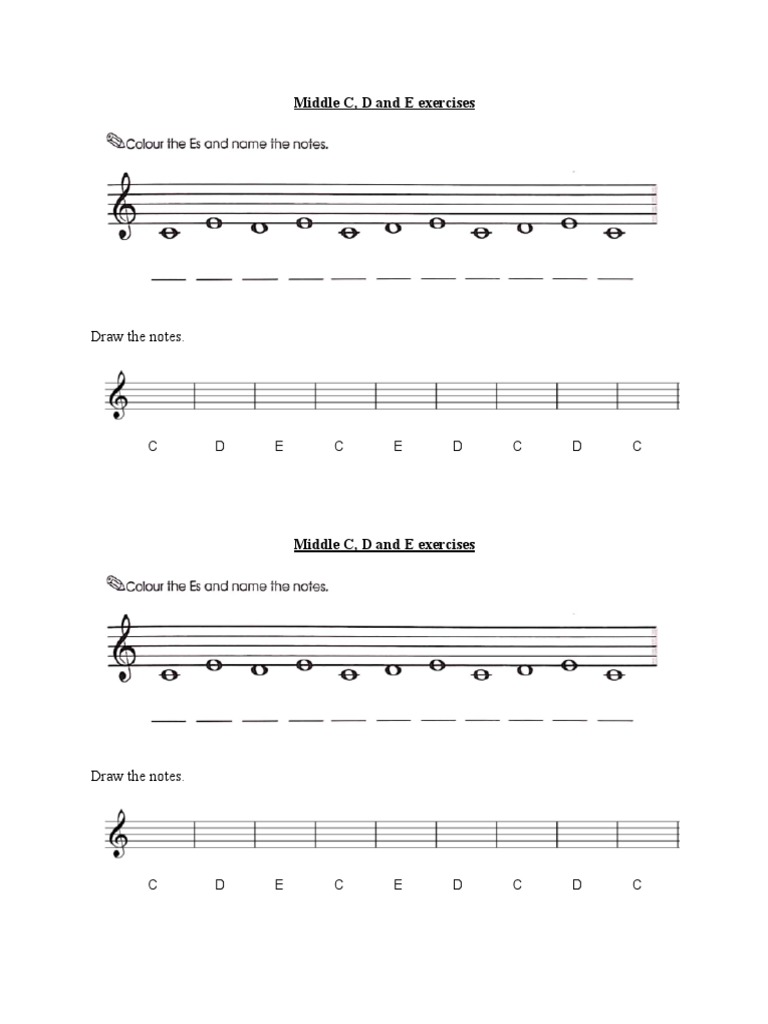 Middle C, D and E Exercises | PDF