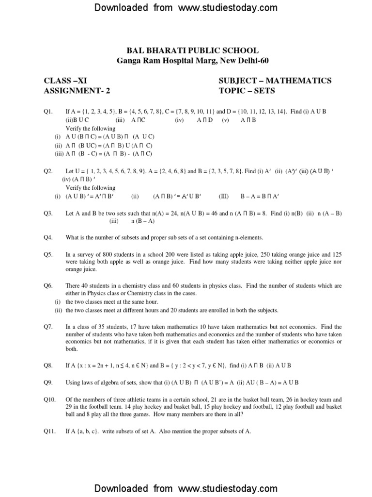 CBSE Class 11 Mathematics Set Theory Worksheet Set A | PDF | Mathematics