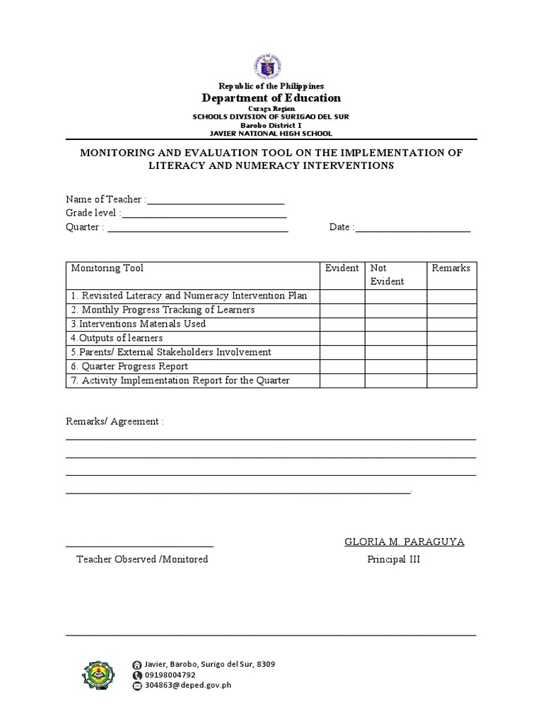 Literacy and Numeracy Monitoring Tool | PDF