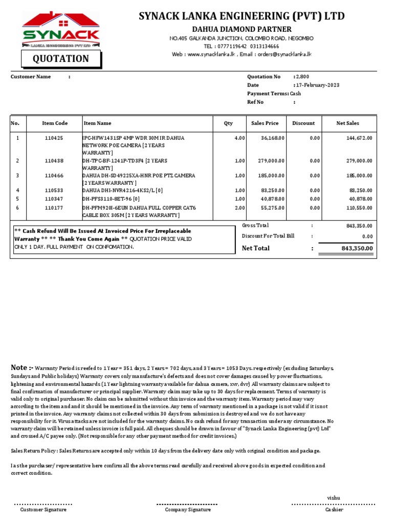 Quotation: Dahua Diamond Partner | PDF | Payments | Cheque