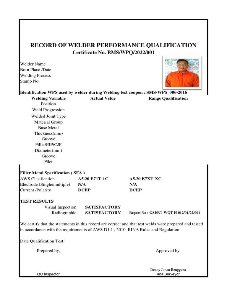 Welder Cert CONTOH 1 | PDF