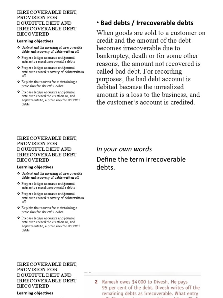 Irrecoverable Debts and Recovery Guide | PDF | Bad Debt | Debits And ...