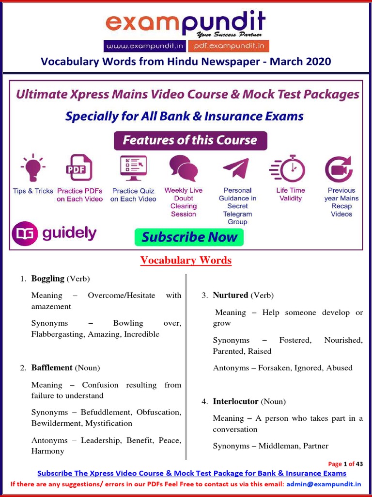 Vocabulary Words From Hindu Newspaper With Meanings For March Month ...