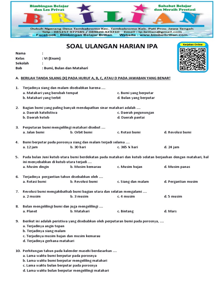 Soal IPA Kelas 6 SD BAB 9 Bumi, Bulan Dan Matahari | PDF