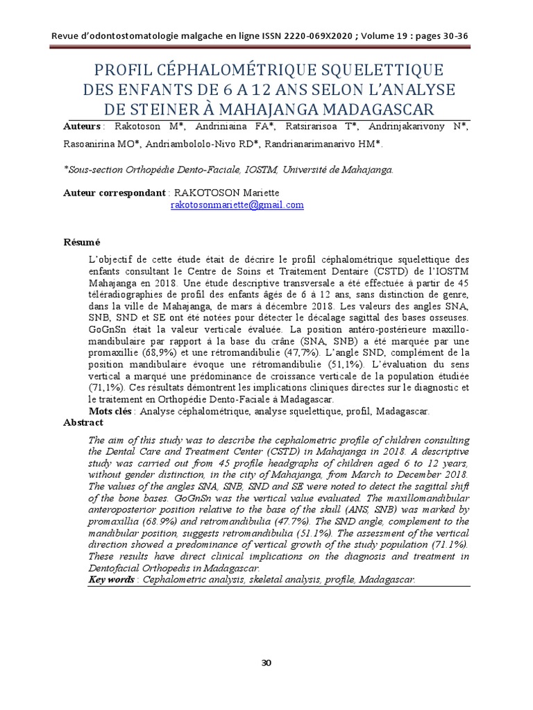 4 Profil Cephalometrique Squelettique Des Enfants de 6 A 12 Ans Selon L Analyse de Steiner | PDF