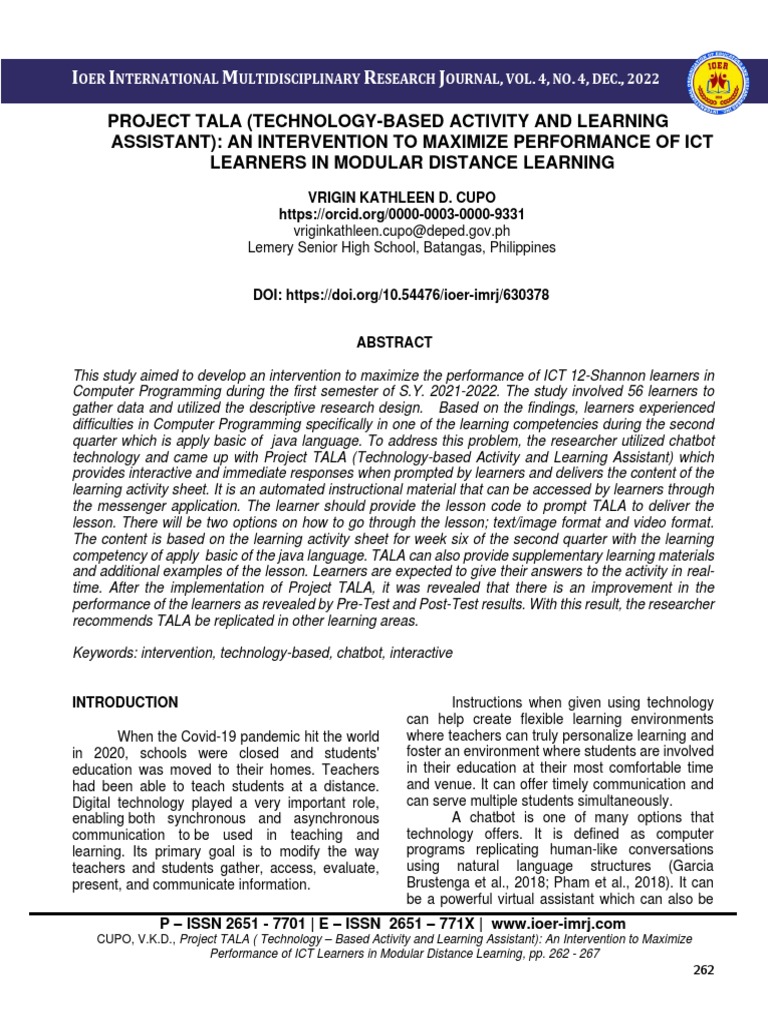 Project TALA (Technology - Based Activity and Learning Assistant) An Intervention To Maximize ...