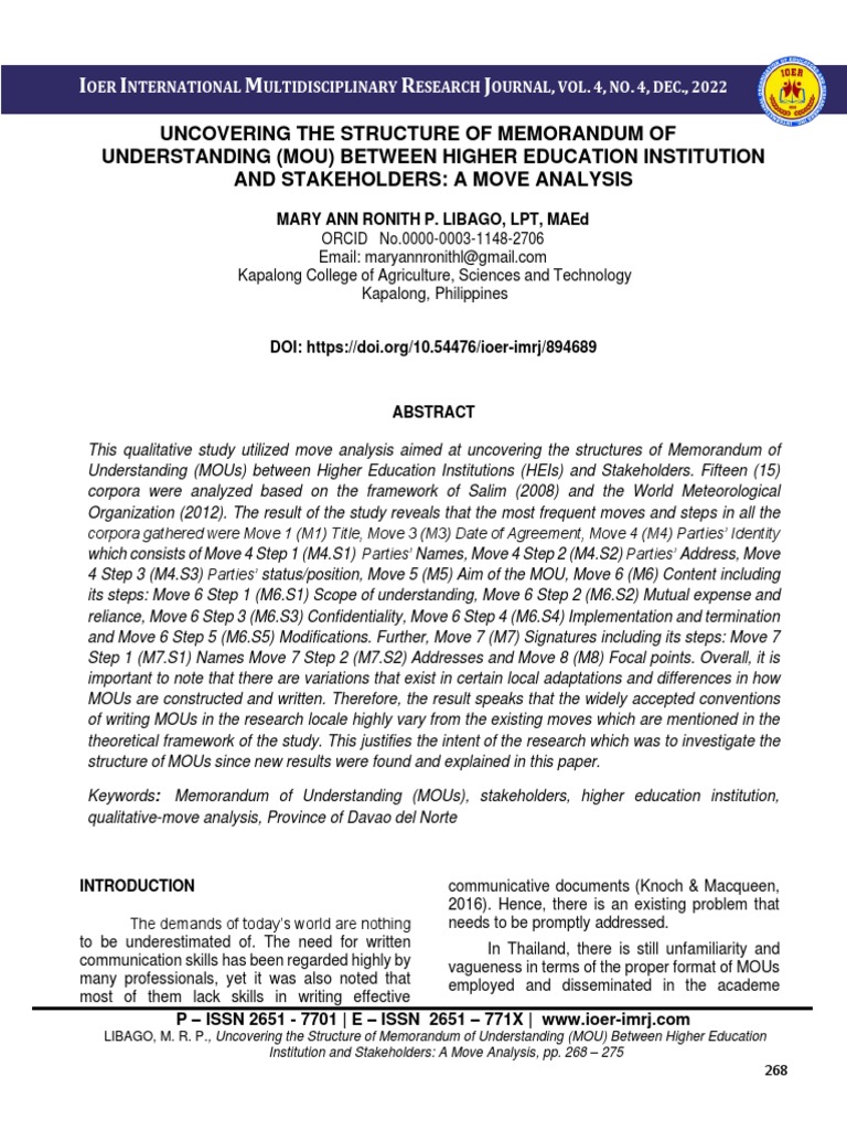 Uncovering The Structure of Memorandum of Understanding (MOU) Between Higher Education ...