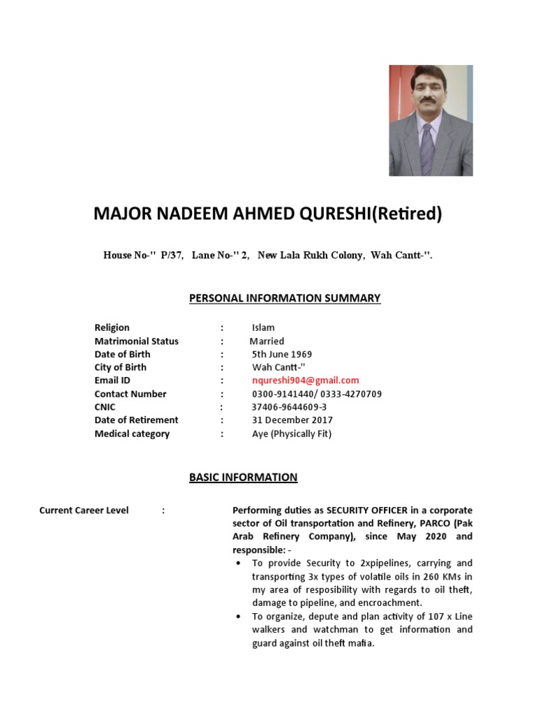 Major Nadeem Qureshi CV - Copy (ADMIN Sec) | PDF | Human Resource Management | International ...