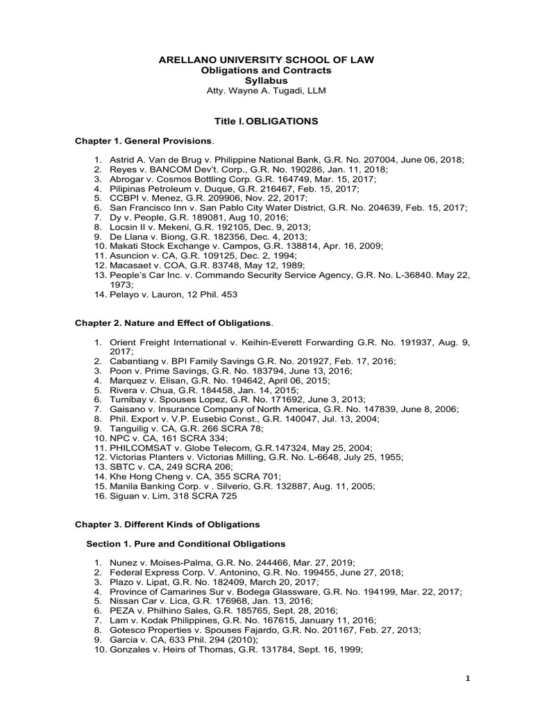 2023 Case Syllabus For Obligations and Contracts | PDF | Private Law ...