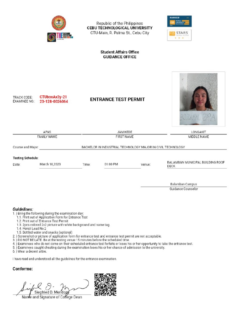 Entrance Test Permit | PDF