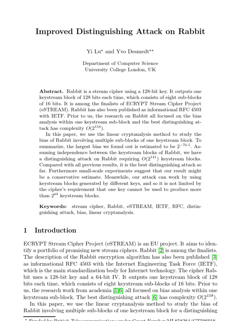 Improved Distinguishing Attack On Rabbit: Abstract. Rabbit Is A Stream ...