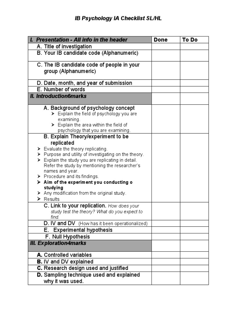 IB Psychology IA Checklist Guide | PDF | Statistics | Experiment