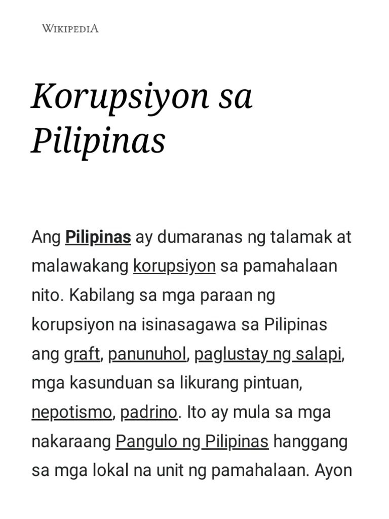 Korupsiyon Sa Pilipinas - Wikipedia, Ang Malayang Ensiklopedya PDF | PDF
