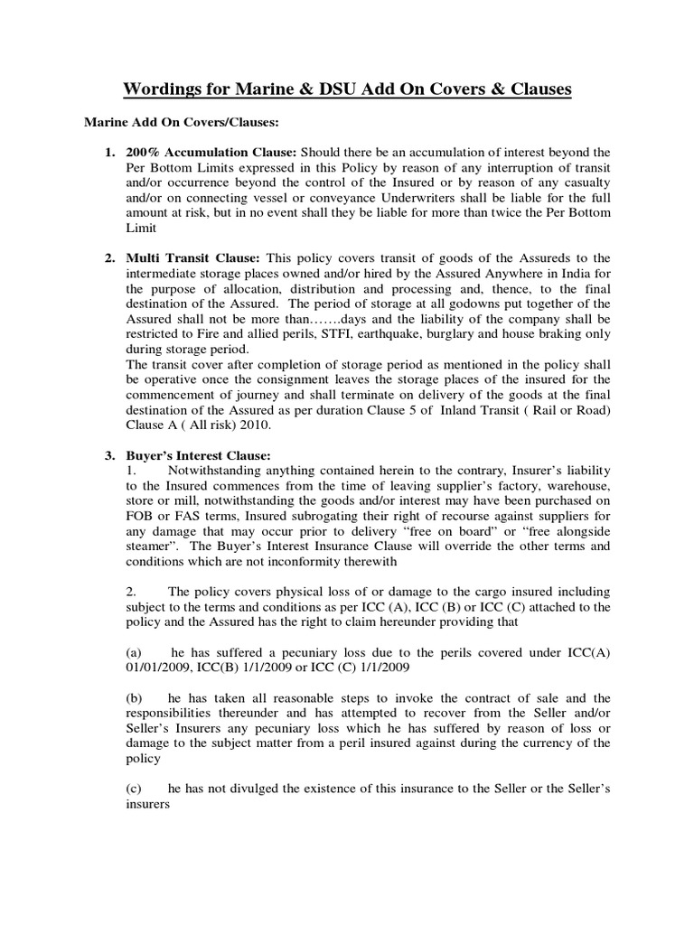 Marine Wordings For Add On Covers & Clauses | PDF | Insurance ...