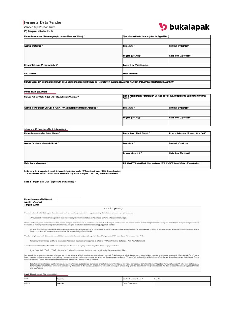 Formulir Pendaftaran Vendor - Ver 4 (4) (3) - Copy.xlsx | PDF