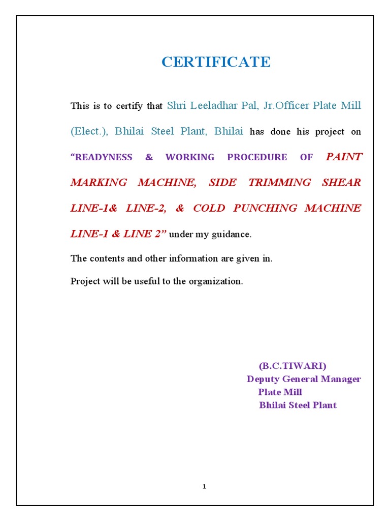 Certificate: Shri Leeladhar Pal, JR - Officer Plate Mill (Elect ...
