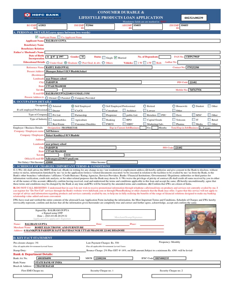 Consumer Durable & Lifestyle Products Loan Application: A. PERSONAL DETAILS (Leave Space Between ...