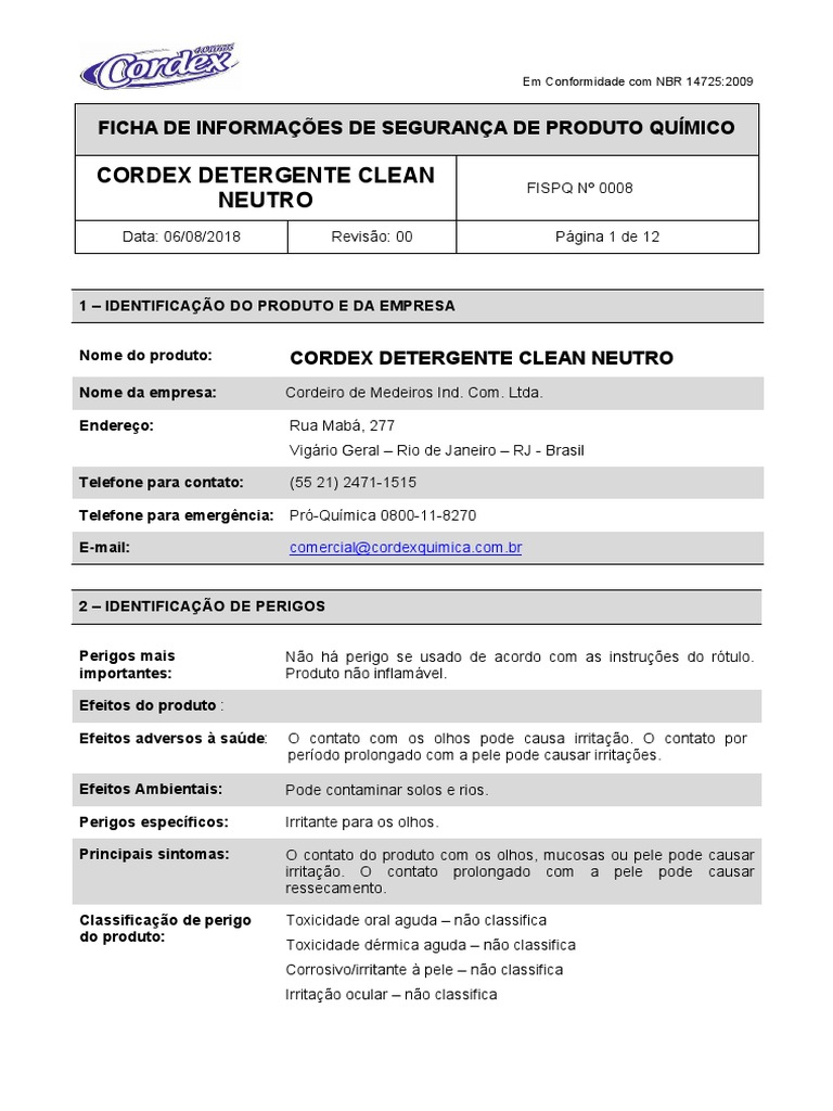 FISPQ Cordex Detergente Clean Neutro | PDF | Embalagem e rotulagem | Desperdício