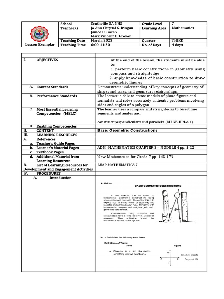 Q3 - Week4 - Basic Geometric Constructions | PDF | Geometry | Teachers