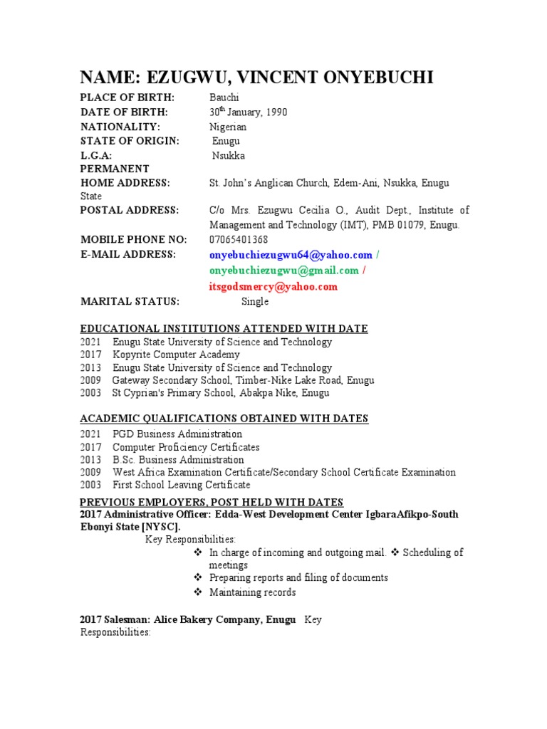 CV - Ezugwu Vincent Onyebuchi | PDF