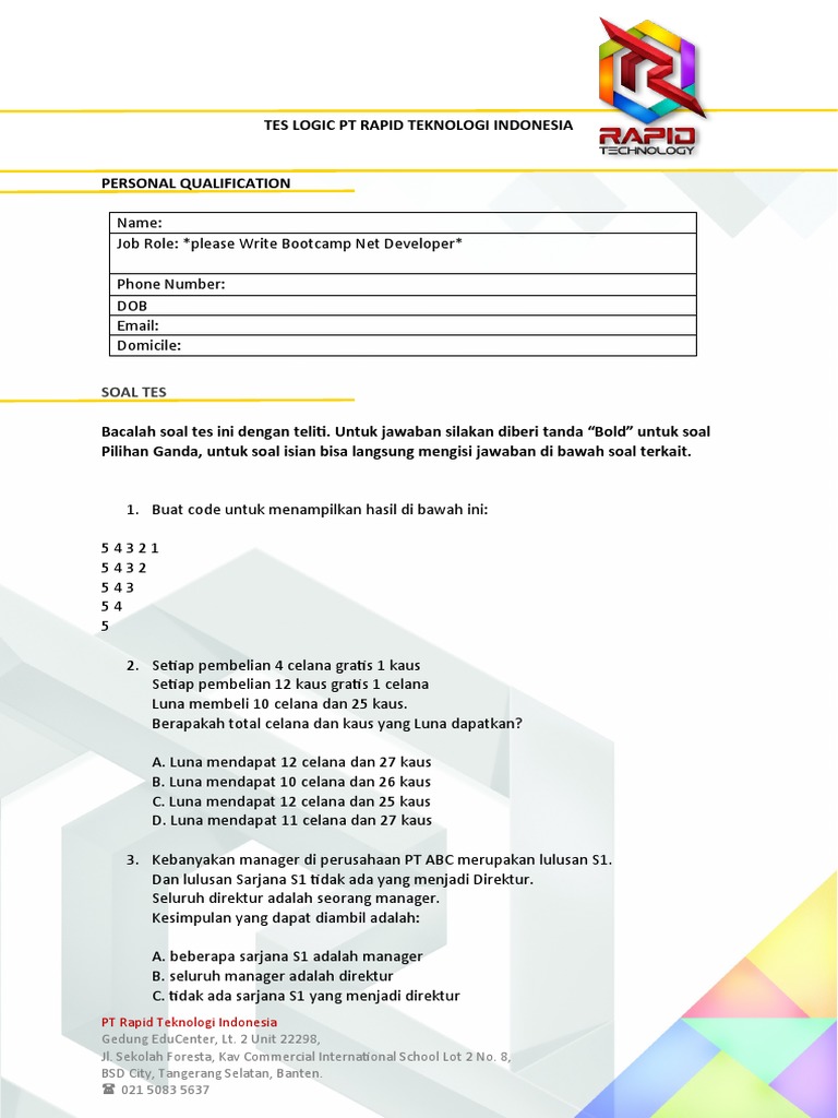 Test Logic Pt Rapid Teknologi Indonesia Pdf