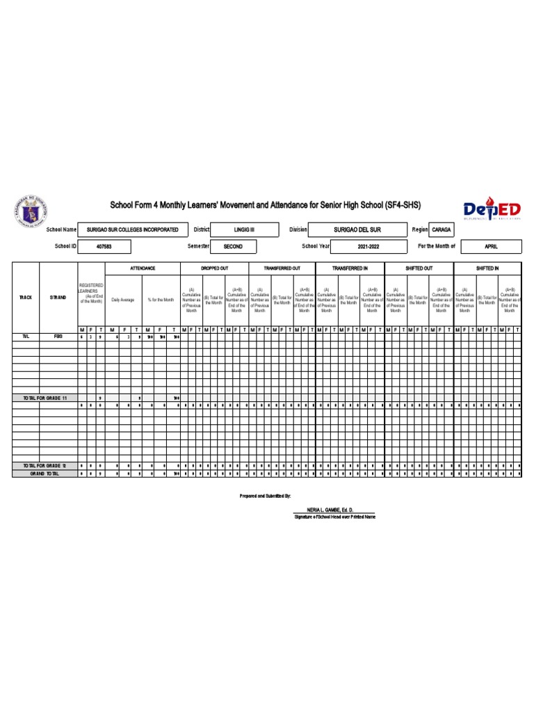 School Form 4 Monthly Learners' Movement and Attendance For Senior High ...