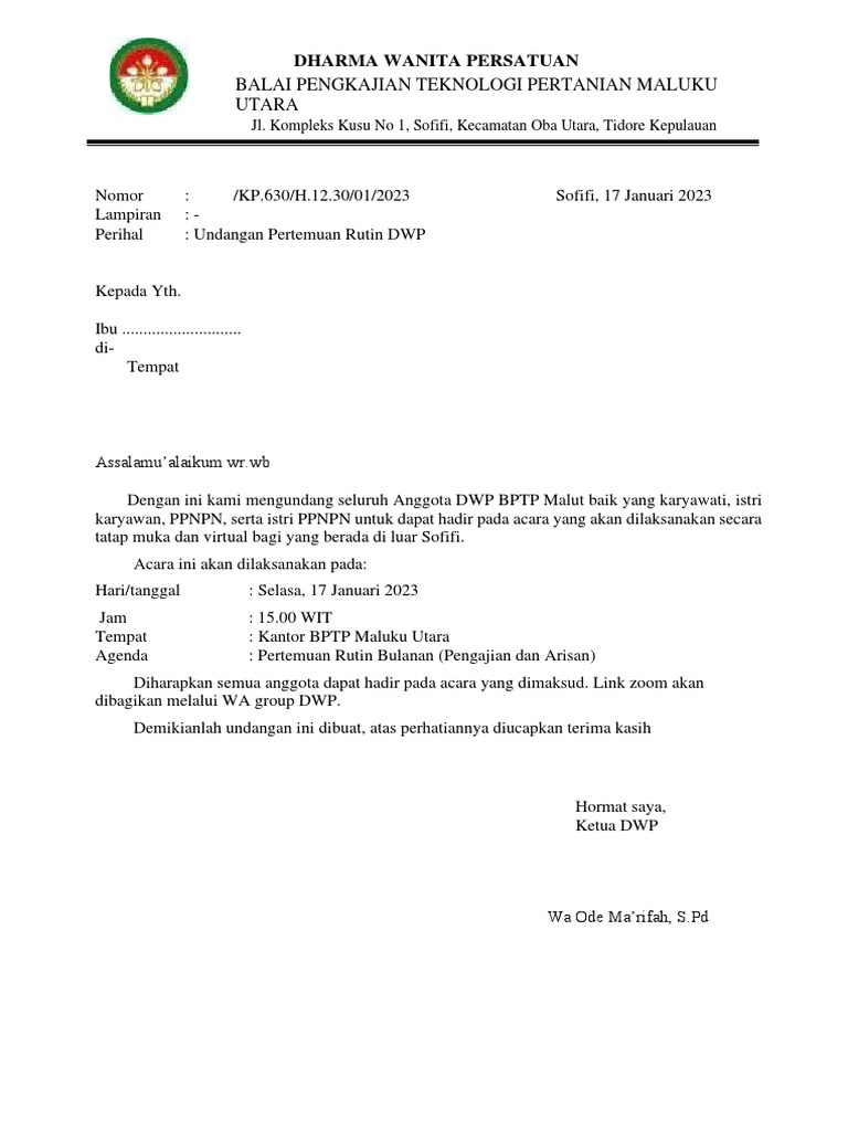 Undangan Pertemuan Rutin DWP | PDF