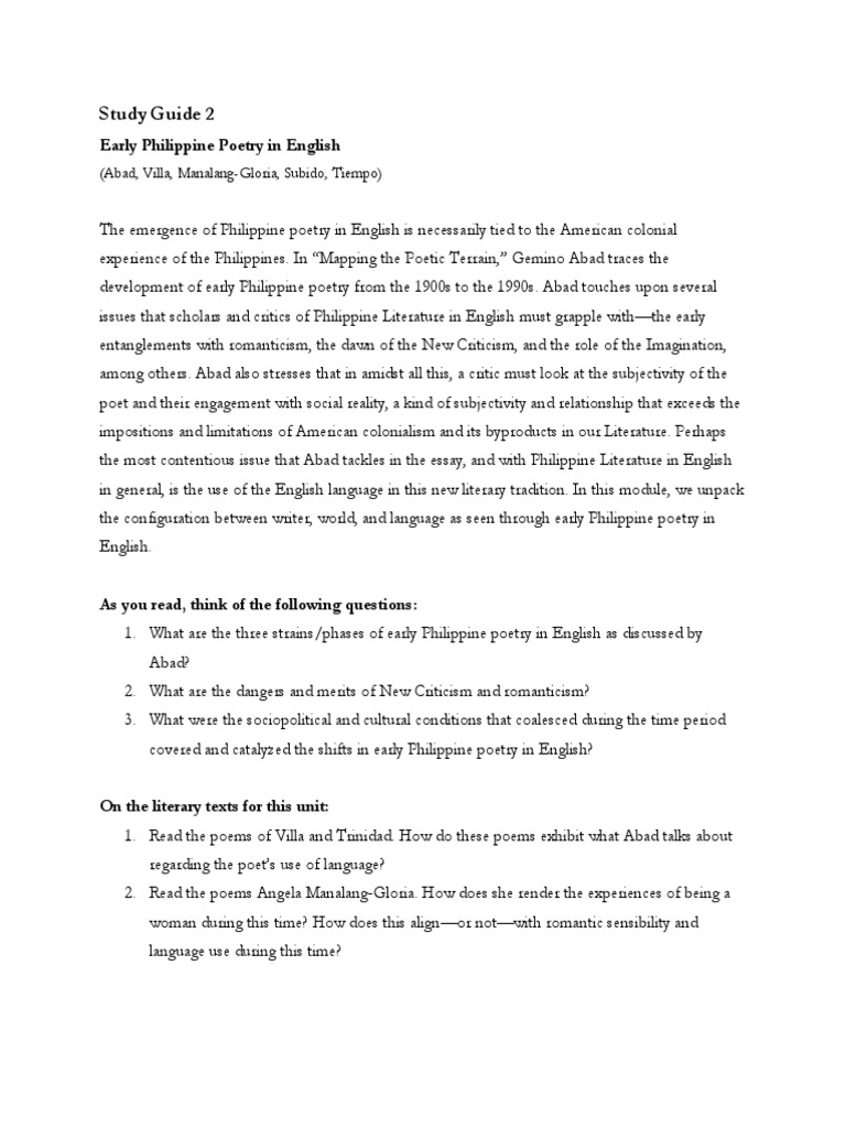 Study Guide 2 Abad and Early Poetry | PDF | Poetry | Writing