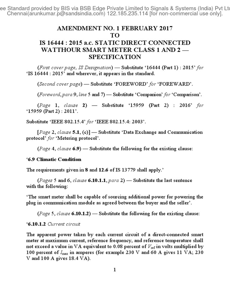 Amendment to IS 16444 Part 1 Standard | PDF | Electricity | Electrical ...