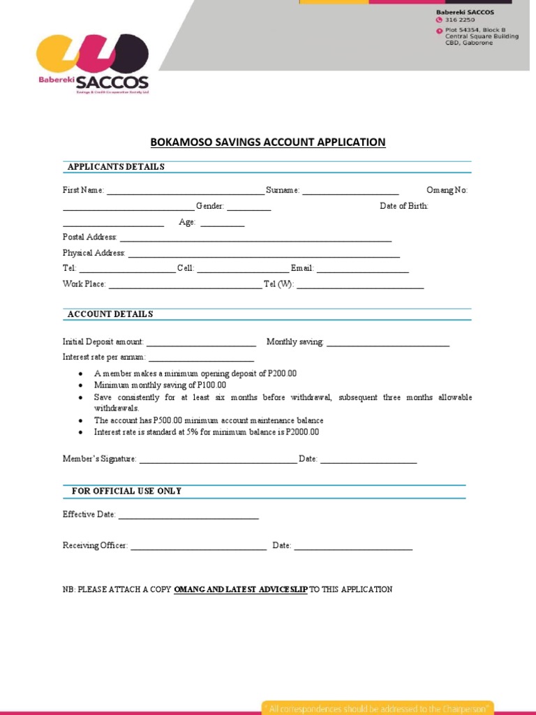 Bokamoso Savings Account Application Form | PDF