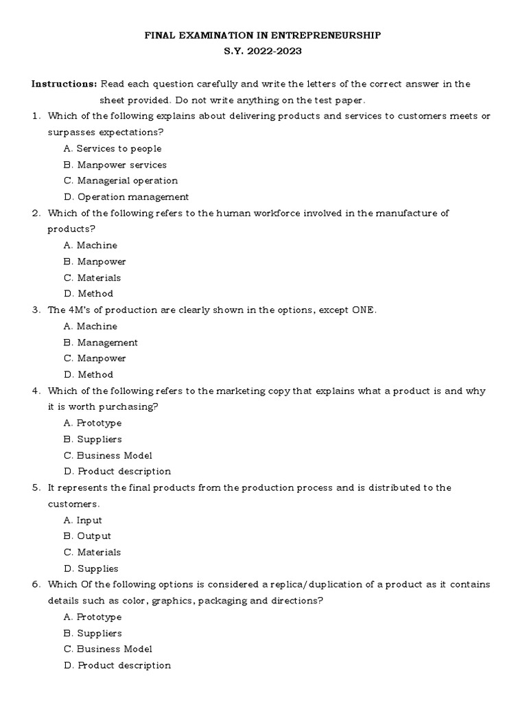 Entrepreneurship Final Exam Questions | PDF | Entrepreneurship | Expense
