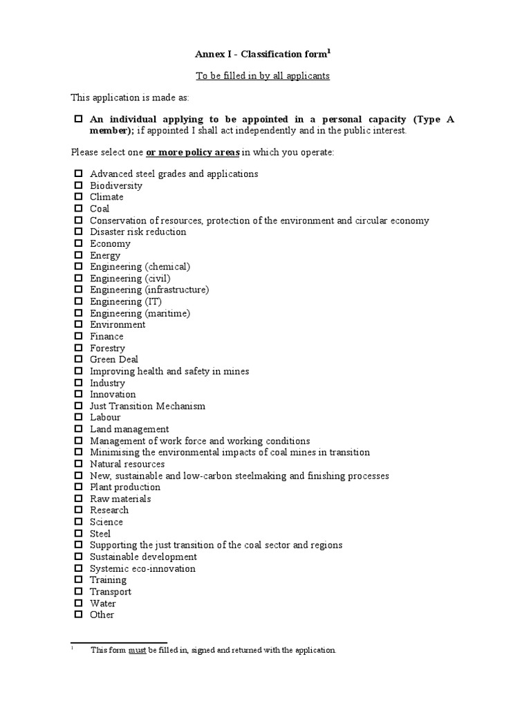 RTD - Call - TG - RFCS - Annex I Classification Form | PDF ...