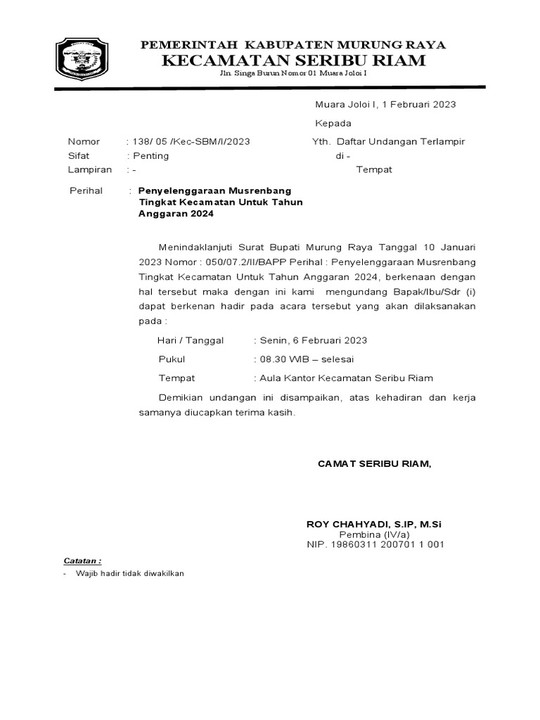 Undangan Musrenbang Kecamatan | PDF
