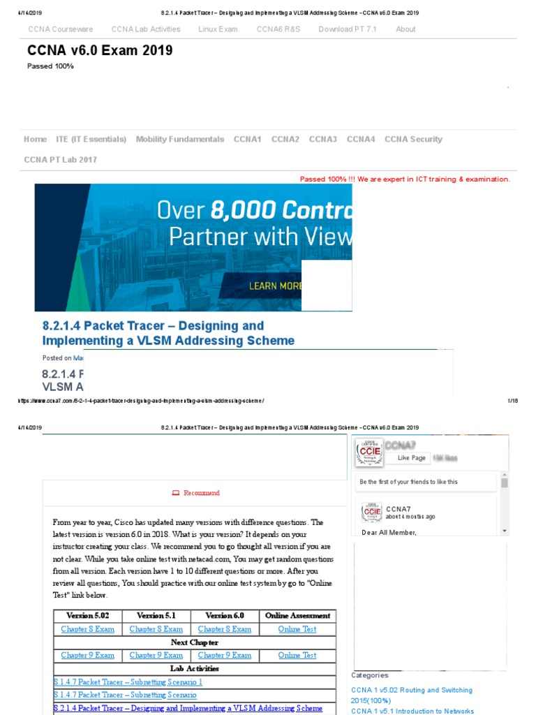 8.2.1.4 Packet Tracer - Designing and Implementing A VLSM Addressing Scheme - CCNA v6.0 Exam ...