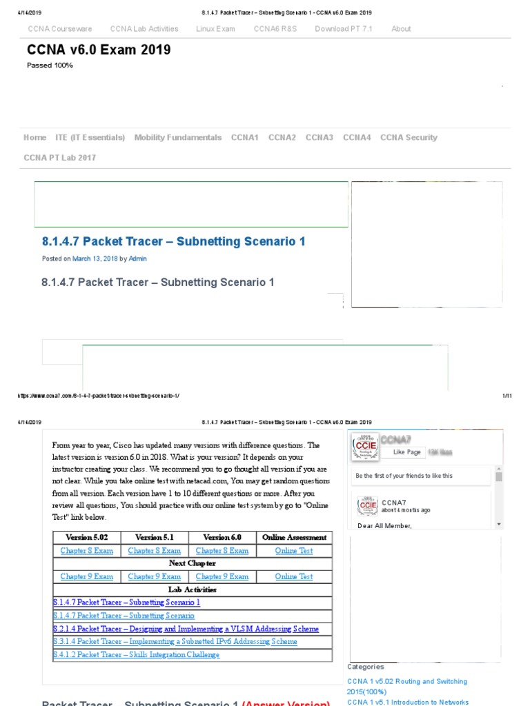 8.1.4.7 Packet Tracer - Subnetting Scenario 1 - CCNA v6.0 Exam 2019 PDF ...