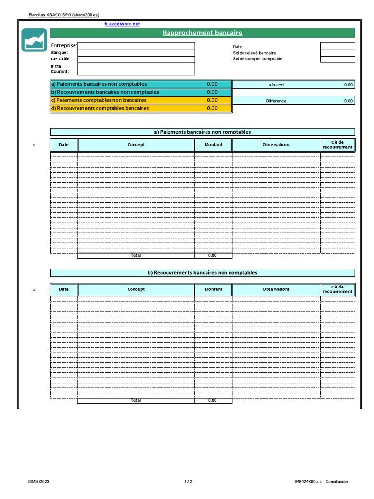 Modèle de Rapprochement Bancaire Au Format Excel | PDF | Services ...