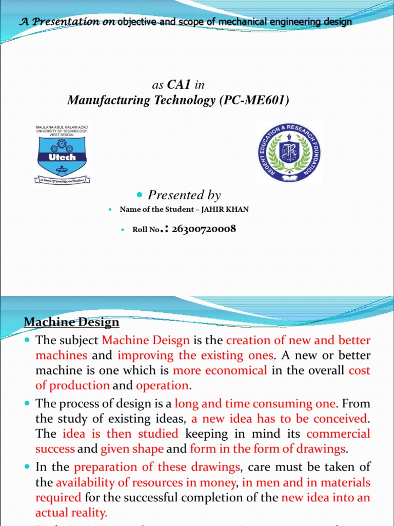 Mechanical Engineering Design Presentation on Scope and Objectives (CA1 | PDF | Engineering ...
