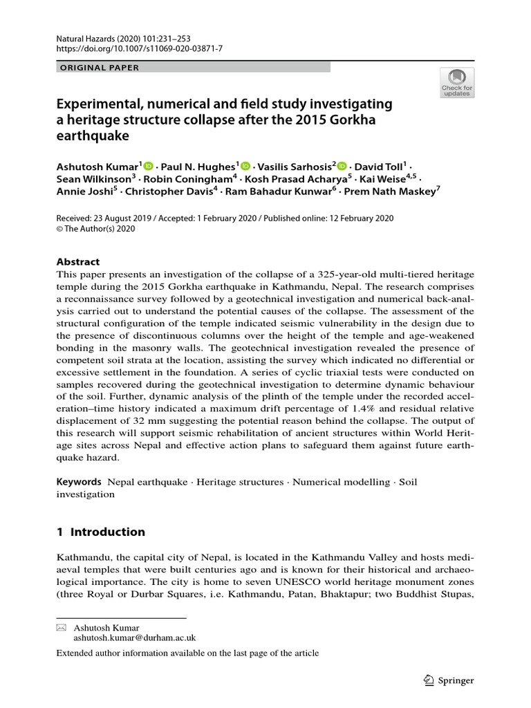 Experimental, Numerical and Field Study Investigating A Heritage ...