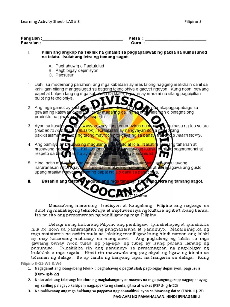 Filipino 8-Q1-LAS3 | PDF