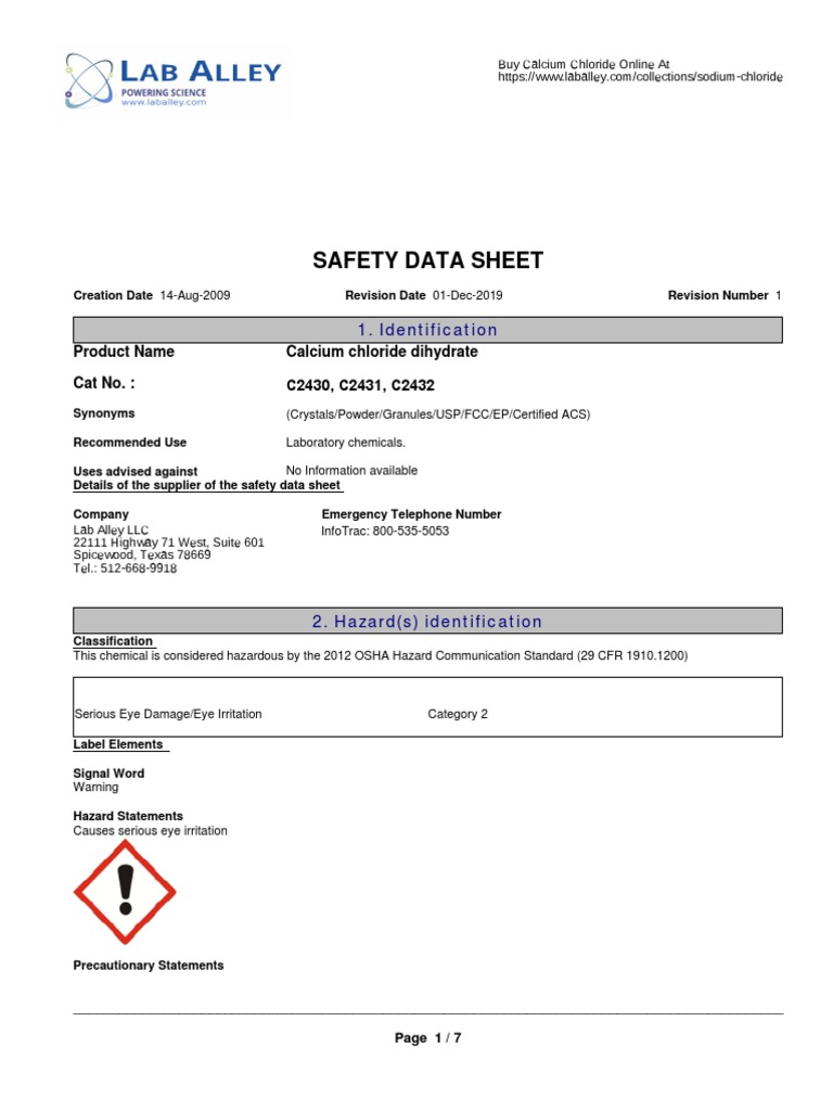 Calcium Chloride Dihydrate Safety Data Sheet SDS PDF Workplace
