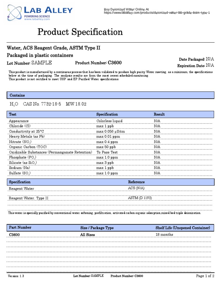 Water ACS Reagent Grade ASTM Type II Safety Data Sheet SDS | PDF ...