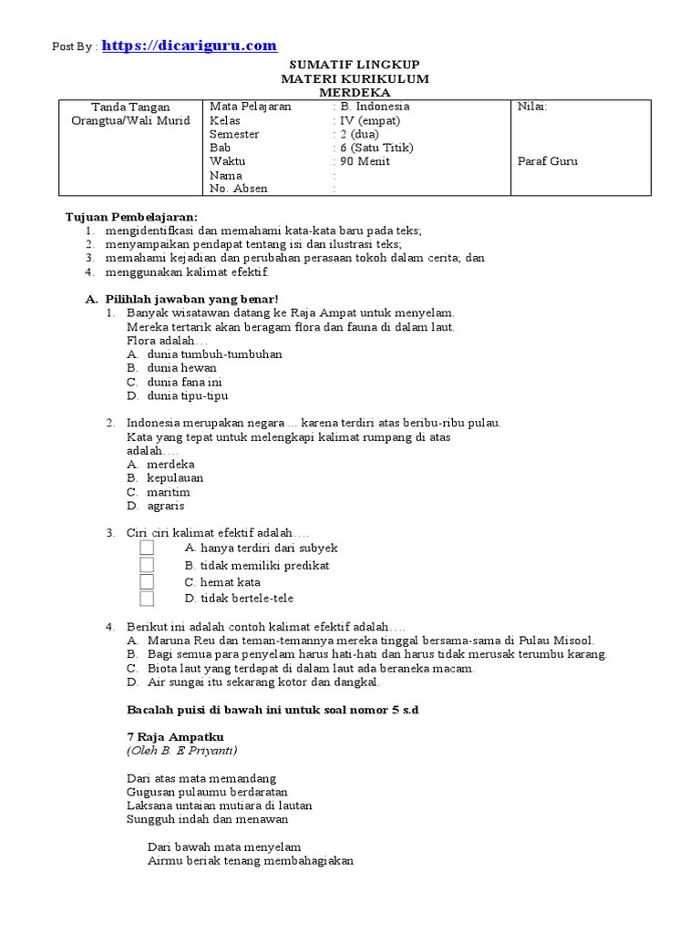 SOAL B. Indo Kls 4 BAB 6 | PDF | Kajian Bahasa Asing