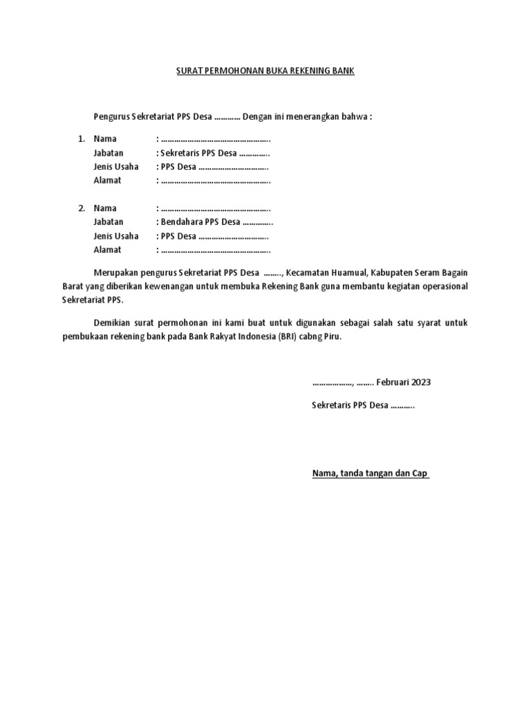 Surat Permohonan Buka Rekening Bank | PDF